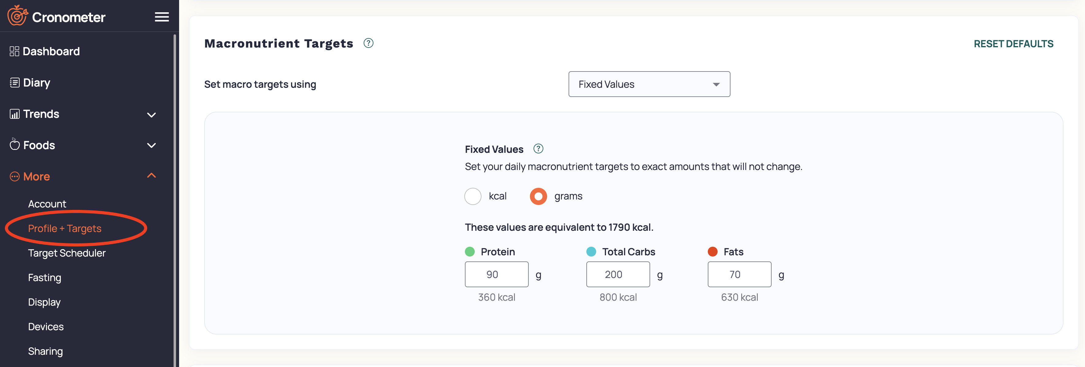 Fixed Macronutrient Targets – Cronometer