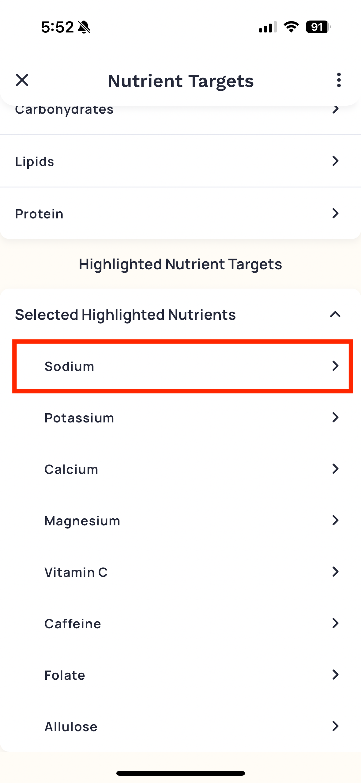 Mobile - Highlighted Nutrient Targets – Cronometer